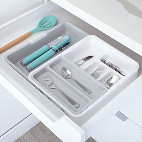 Smart Design 7 Compartment Expandable Drawer Organizer - Sliding Tray - BPA Free - Utensils, Flatware, Office, Personal Care, or Makeup Storage - Kitchen - White with Gray