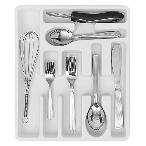 Home Basics 7 Molded Compartments Plastic Cutlery Tray (White) | Flatware and Extra Utensils Organizer | Deep Compartments | Heavy Duty | Round Corners