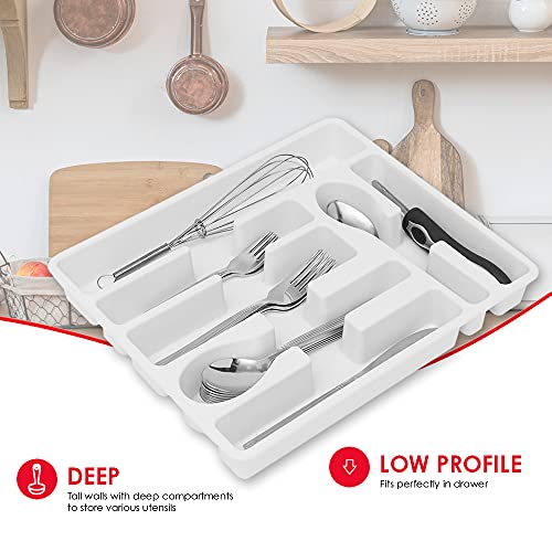 Home Basics 7 Molded Compartments Plastic Cutlery Tray (White) | Flatware and Extra Utensils Organizer | Deep Compartments | Heavy Duty | Round Corners