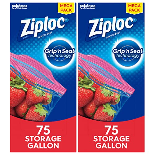 Ziploc Gallon Food Storage Bags, Grip 'n Seal Technology for Easier Grip, Open, and Close, 75 Count, Pack of 2 (150 Total Bags)