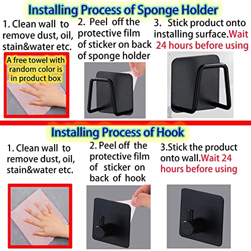 2 Self Adhesive&Waterproof Sponge Holder and 2 Multifuctional Hooks with Stainless Steel Used in Kitchen