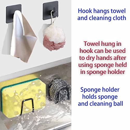 2 Self Adhesive&Waterproof Sponge Holder and 2 Multifuctional Hooks with Stainless Steel Used in Kitchen