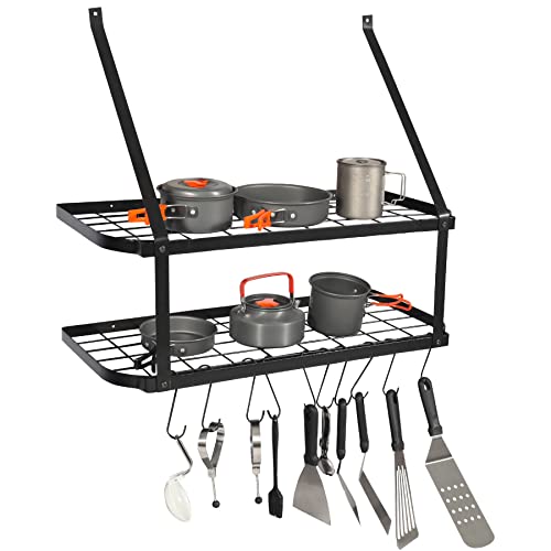 ALAPUR 2 Tier Wall Mounted Pot Rack Storage Shelf with 10 Hooks,Kitchen Pots and Pans Hanging Rack Holder for Utensils Cookware Household,Black