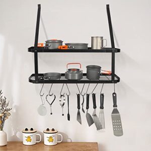 ALAPUR 2 Tier Wall Mounted Pot Rack Storage Shelf with 10 Hooks,Kitchen Pots and Pans Hanging Rack Holder for Utensils Cookware Household,Black