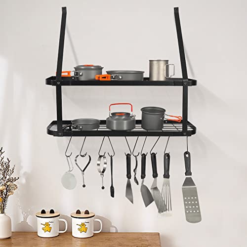 ALAPUR 2 Tier Wall Mounted Pot Rack Storage Shelf with 10 Hooks,Kitchen Pots and Pans Hanging Rack Holder for Utensils Cookware Household,Black