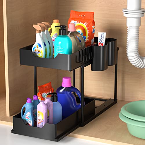 Under Sink Organizer,2 Tier Under-Sink Organizers with Pull Out Sliding Drawers 4 Hooks 2 Cups Black Under Sliding Cabinet Basket Organizer for Bathroom Kitchen