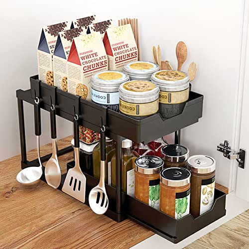 Under Sink Organizer,2 Tier Under-Sink Organizers with Pull Out Sliding Drawers 4 Hooks 2 Cups Black Under Sliding Cabinet Basket Organizer for Bathroom Kitchen