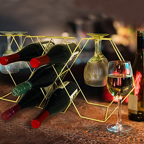 Golden Wine and Glass Rack, Tabletop Wine Rack, Countertop Wine Rack, Wine Bottle Holder, Holds Bottles & Glasses, Freestanding Wine Storage, Perfect for Kitchen Home Bar Storage