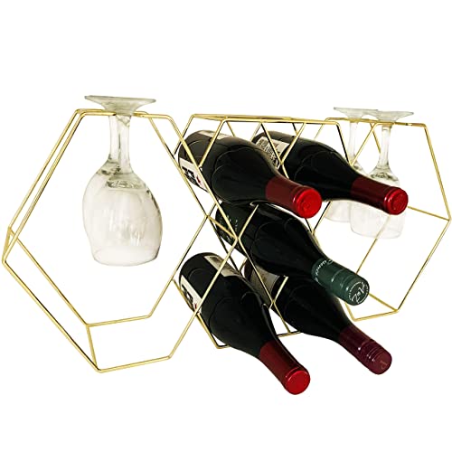 Golden Wine and Glass Rack, Tabletop Wine Rack, Countertop Wine Rack, Wine Bottle Holder, Holds Bottles & Glasses, Freestanding Wine Storage, Perfect for Kitchen Home Bar Storage