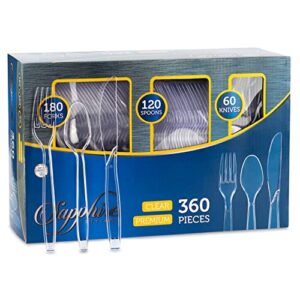 party bargains disposable cutlery set, sapphire design, clear color, 360 pieces: 180 forks, 120 spoons, 60 knives