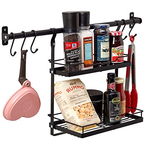 EZOWare Kitchen Wall Mount Utensil Holder Organizer Set, 23.6" Hanging Rail Rod, 2 Tier Foldable Spice Rack and 5 S Hooks for Hanging Spices, Condiments Pots, Pans, Lids, Utensils - Black