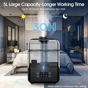 Humidifiers for Bedroom, Ultrasonic 5L Top Fill Humidifiers for Large Room Baby Home with 360° Rotation Nozzle, 3 Mist Levels, Auto Shut-Off, Timer, Essential Oil Diffuser, 30H Work Time, Quiet