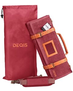 deqis knife roll chef waxed canvas bag storage 13 slots and 1 large zipper pocket carry shoulder strap handle and name card professional folding cooking tools case organizer,knives not included,red