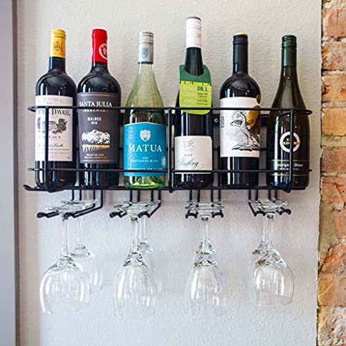 c2M Wall Mounted Wine Bottle & Glass Rack | Floating Wine Storage Shelf for 6 Bottles, 8 Glasses, & Opener | Timeless Compact Steel Design | Heavy Duty & Made in The USA - Black