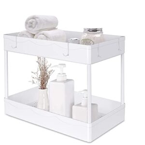 under sink organizers and storage,under the bathroom sink storage,2 tier under sink shelf with 4 hooks,bathroom and kitchen countertop standing rack,under sink organizer for bathroom kitchen,white