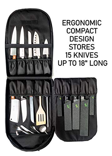 EVERPRIDE Chef Knife Bag (19 Slots) Holds 15 Knives PLUS 4 Zipper Compartments for Cooking Tools, Tablets and More - Lightweight Backpack for Chefs and Culinary School Students (Bag Only)