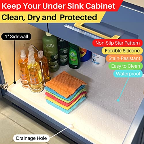 maryha Under Sink Mat for Kitchen Cabinet - Waterproof Silicone Proctor Tray for Leaks, Drips, Spills - Flexible Shelf Liner with Raised Edge and Drain Hole for Kitchen, Bathroom - 34" x 22" White