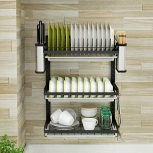 FEHUN Sinks,3-Layer 201 Stainless Steel Kitchen Wall-Mounted Dish Rack Drain Rack with Chopsticks Cage,Holder