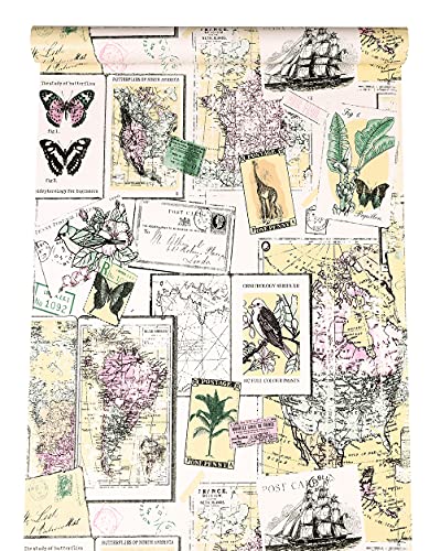 Self Adhesive Vinyl Vintage Butterfly Birds Map Contact Paper Shelf Liner Cabinets Dresser Drawer Liner Furniture Sticker Wall Paper 17.7X117 Inches