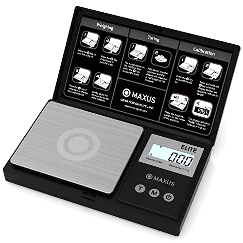 MAXUS Precision Pocket Scale 200g x 0.01g, Elite Digital Gram Scale Small Scale Mini Food Scale Jewelry Scale Ounces/ Grains Scale, Easy to Carry, Great for Travel ,Backlit LCD, Stainless Steel