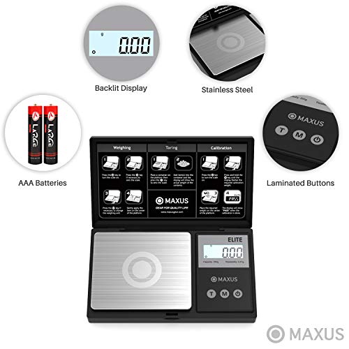 MAXUS Precision Pocket Scale 200g x 0.01g, Elite Digital Gram Scale Small Scale Mini Food Scale Jewelry Scale Ounces/ Grains Scale, Easy to Carry, Great for Travel ,Backlit LCD, Stainless Steel