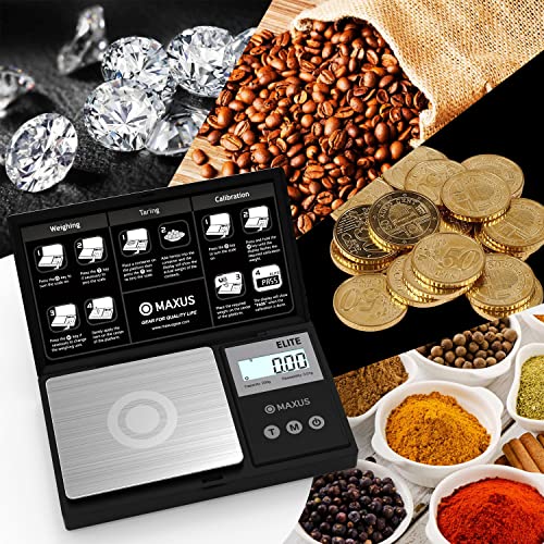 MAXUS Precision Pocket Scale 200g x 0.01g, Elite Digital Gram Scale Small Scale Mini Food Scale Jewelry Scale Ounces/ Grains Scale, Easy to Carry, Great for Travel ,Backlit LCD, Stainless Steel