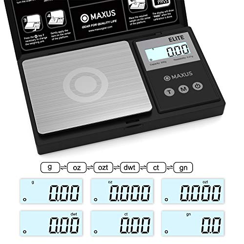 MAXUS Precision Pocket Scale 200g x 0.01g, Elite Digital Gram Scale Small Scale Mini Food Scale Jewelry Scale Ounces/ Grains Scale, Easy to Carry, Great for Travel ,Backlit LCD, Stainless Steel