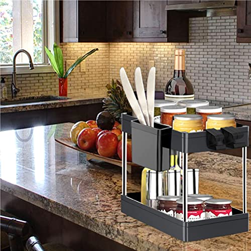 WAYLHECT 2 Tier Under Sink Organizer,Under Bathroom Sink Organizer,Under Kitchen,Bathroom Cabinet Organizers and Storage, 2 Pack Under Bathroom Sink Organizers Basket，with Hooks，Hanging Cups