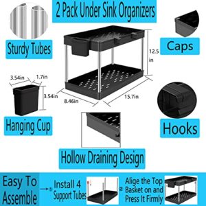 WAYLHECT 2 Tier Under Sink Organizer,Under Bathroom Sink Organizer,Under Kitchen,Bathroom Cabinet Organizers and Storage, 2 Pack Under Bathroom Sink Organizers Basket，with Hooks，Hanging Cups