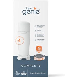 diaper genie complete diaper pail (white) with antimicrobial odor control | includes 1 diaper trash can, 1 refill bags, 1 carbon filter