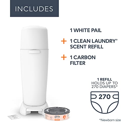 Diaper Genie Complete Diaper Pail (White) with Antimicrobial Odor Control | Includes 1 Diaper Trash Can, 1 Refill Bags, 1 Carbon Filter