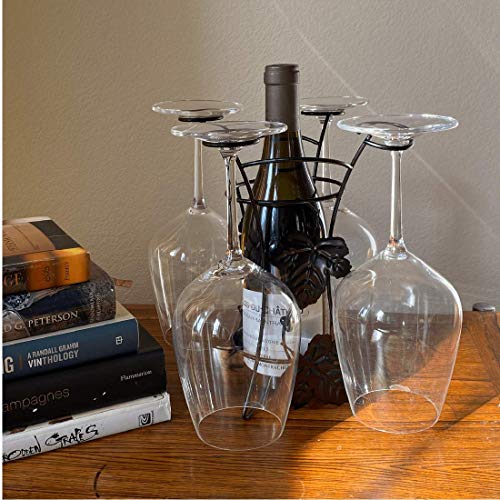 Lily's Home Wine Bottle and Glasses Rack. Counter or Table Top Free Standing Holder for One Wine Bottle and Four Glasses. Black