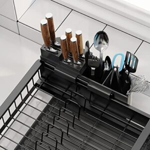 Nieifi Over The Sink Dish Drying Rack One Tier,Multifunctional Rust Proof Dish Rack with Utensil Holder for Kitchen Counter,Drying Rack with Removable Cutlery Box and Water Filter Tray Black