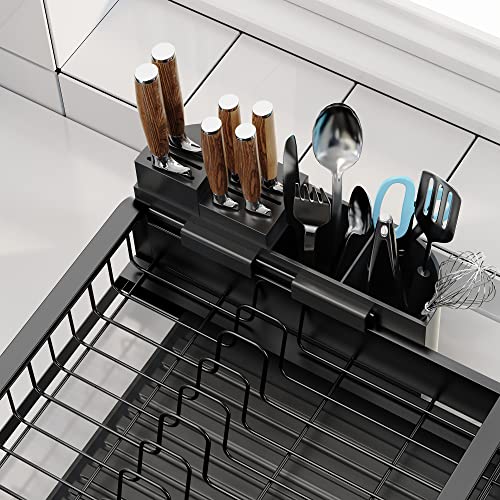 Nieifi Over The Sink Dish Drying Rack One Tier,Multifunctional Rust Proof Dish Rack with Utensil Holder for Kitchen Counter,Drying Rack with Removable Cutlery Box and Water Filter Tray Black