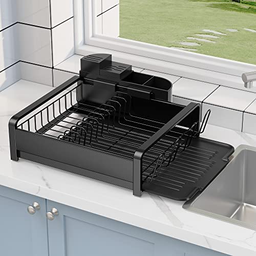 Nieifi Over The Sink Dish Drying Rack One Tier,Multifunctional Rust Proof Dish Rack with Utensil Holder for Kitchen Counter,Drying Rack with Removable Cutlery Box and Water Filter Tray Black