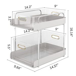 OLizee® 2 Tier Pull Out Organizer Acrylic Under Cabinet Drawer Organizer Sliding Drawer Storage Bins Slide-out Basket Under Sink Organization Shelf for Bathroom Kitchen Office White