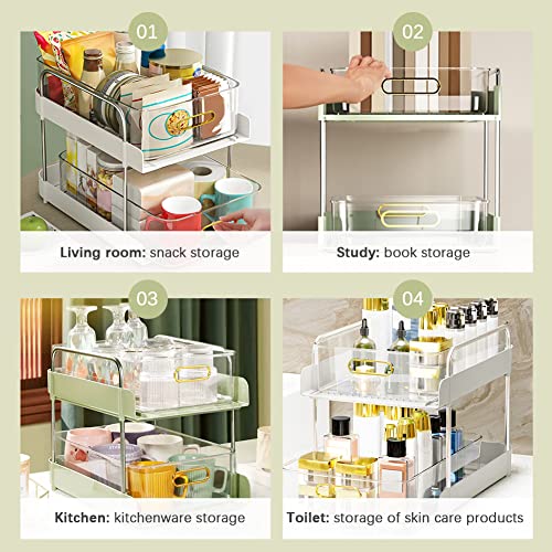 OLizee® 2 Tier Pull Out Organizer Acrylic Under Cabinet Drawer Organizer Sliding Drawer Storage Bins Slide-out Basket Under Sink Organization Shelf for Bathroom Kitchen Office White