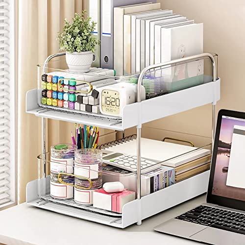 OLizee® 2 Tier Pull Out Organizer Acrylic Under Cabinet Drawer Organizer Sliding Drawer Storage Bins Slide-out Basket Under Sink Organization Shelf for Bathroom Kitchen Office White