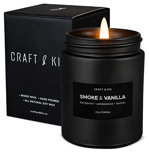 Scented Candles for Men | Smoke and Vanilla Candle for Men | Soy Candles, Long Lasting Candles, Home Decor | Masculine Candle, Wood Wicked Candles, Spring Candles | Vanilla Candle in Black Jar