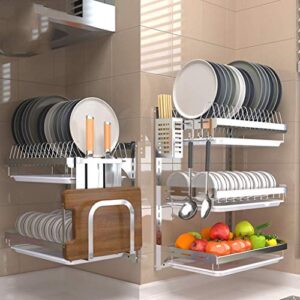 FEHUN Sinks,Wall-Mounted Kitchen Shelf,3-Layer 201 Stainless Steel Drain Rack,Dish Rack on The Wall Without Perforation