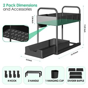 Under Sink Organizers and Storage with Sliding Drawer, 2-Tier Multi-purpose Under Bathroom Storage Rack, Pull-out Under Cabinet Organizer Baskets with Hooks/Hanging Cup/Dividers, 2 Pack…