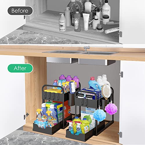 Under Sink Organizers and Storage with Sliding Drawer, 2-Tier Multi-purpose Under Bathroom Storage Rack, Pull-out Under Cabinet Organizer Baskets with Hooks/Hanging Cup/Dividers, 2 Pack…