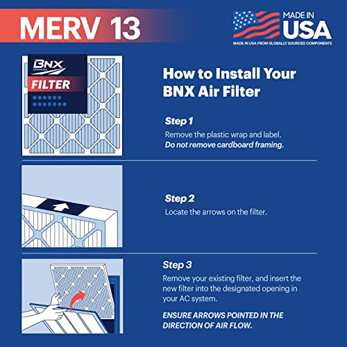 BNX 20x20x1 MERV 13 AC Furnace Air Filter 4 Pack - MADE IN USA - Electrostatic Pleated Air Conditioner HVAC AC Furnace Filters - Removes Pollen, Mold, Bacteria, Smoke