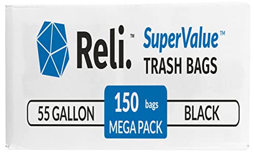 Reli. Easy Grab Trash Bags, 55-60 Gallon (150 Count), Made in USA | Star Seal Super High Density Rolls (Heavy Duty Can Liners, Garbage Bags, Bulk Contractor Bags 50, 55, 60 Gallon Capacity) - Black