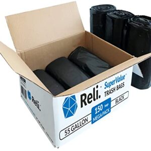 Reli. Easy Grab Trash Bags, 55-60 Gallon (150 Count), Made in USA | Star Seal Super High Density Rolls (Heavy Duty Can Liners, Garbage Bags, Bulk Contractor Bags 50, 55, 60 Gallon Capacity) - Black