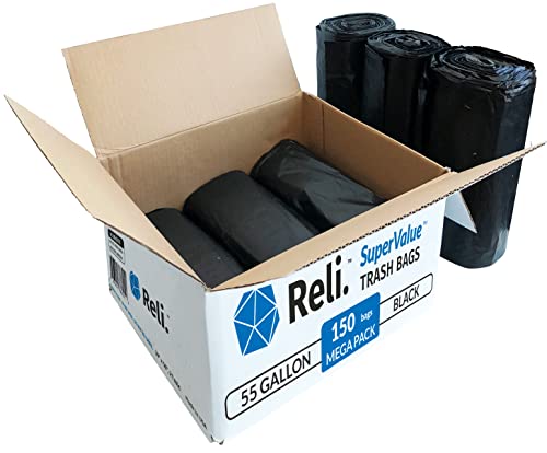 Reli. Easy Grab Trash Bags, 55-60 Gallon (150 Count), Made in USA | Star Seal Super High Density Rolls (Heavy Duty Can Liners, Garbage Bags, Bulk Contractor Bags 50, 55, 60 Gallon Capacity) - Black