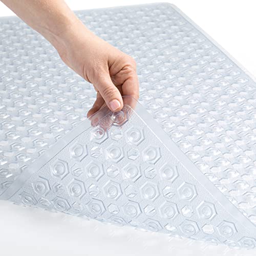 Gorilla Grip Patented Shower and Bath Mat, 35x16, Machine Washable Bathtub Mats, Extra Large Tub with Drain Holes and Suction Cups to Keep Floor Clean, Soft on Feet, Bathroom Accessories, Clear