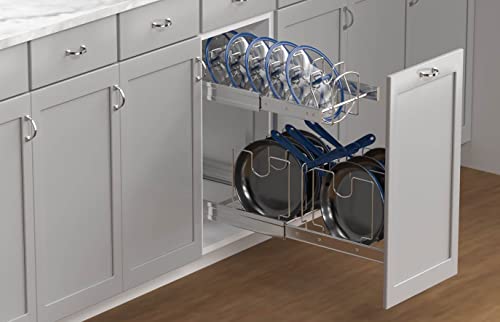 Mecete Pull Out Cabinet Base Organizer Pull-Out 2-Tier Base Cabinet Cookware Organizer (12 Inches) for Pots, Pans, and Lid Cookware, Chrome