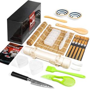 delamu sushi making kit, 23 in 1 sushi maker bazooker roller kit with bamboo mats, chef’s knife, triangle/nigiri/gunkan sushi rice mold, chopsticks, sauce dishes, rice spreader, user guide