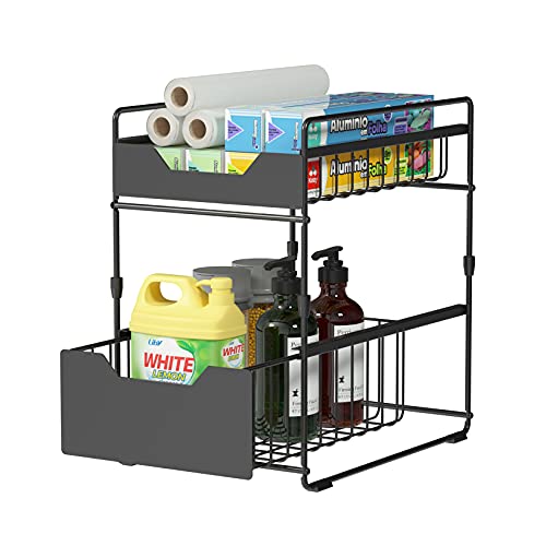 Isharp Spice Rack Kitchen Organizer Cabinet Storage,2-Tier Pull Out Bathroom Storage Under Sink Cabinet Organizers with Sliding Storage Drawer (black)